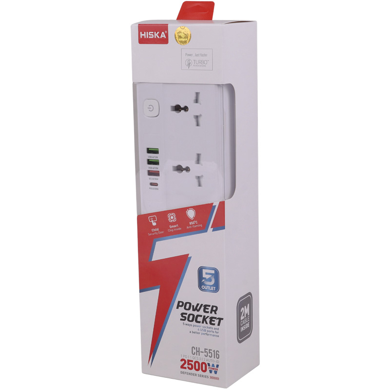خرید چند راهی 5 خانه برق ارت دار هیسکا CH-5516 با کابل 2 متری + شارژر USB و Type-C | تکنوسان