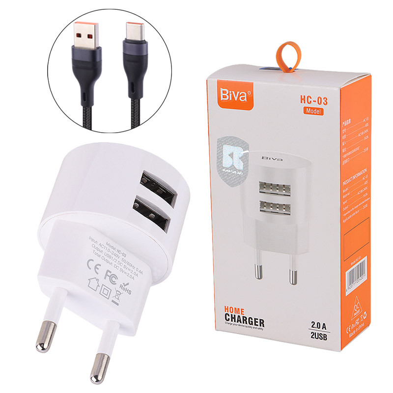 قیمت و خرید شارژر دیواری Biva HC-03 2Port با کابل تایپ سی